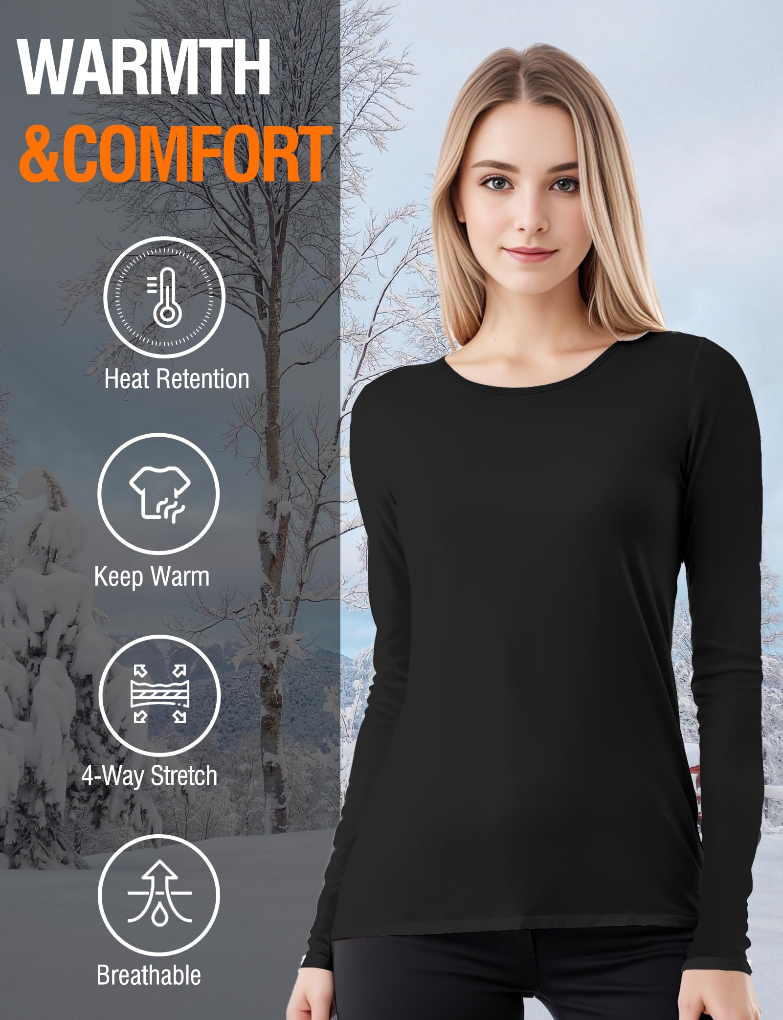 Women's Long Sleeve Thermal Underwear Lightweight Compression Baselayer Shirt Women Clothing Premium Comfort Winter Tops Black