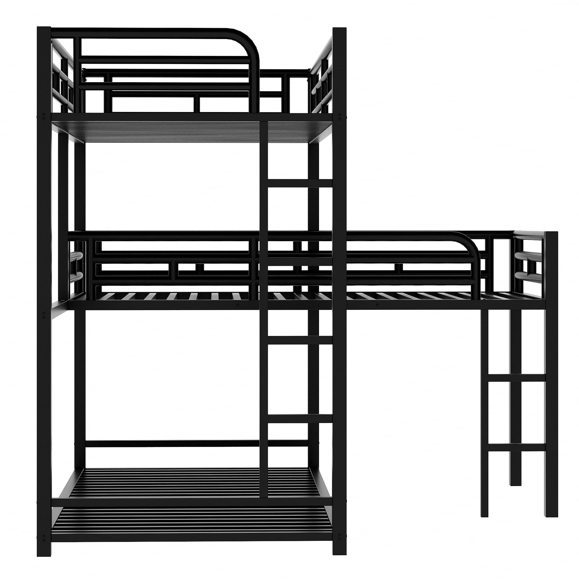 Twin Over Twin Bunk Bed, L-Shaped Metal Triple Bunk Bed Attached Twin Loft Bed with LadderFull-Length Guardrails, 3 Bed Bunk Beds for KidsTeens LF, Black