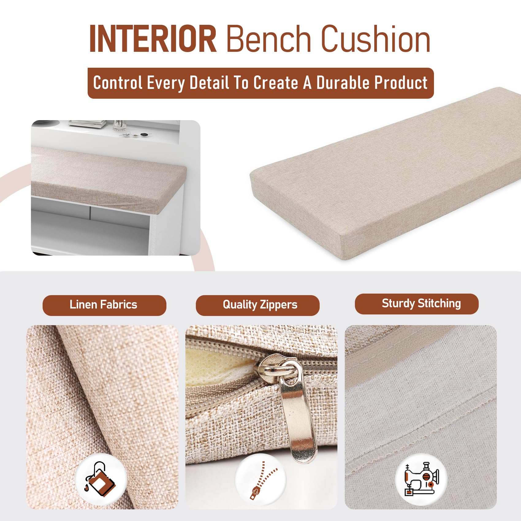 Focuprodu Bench Cushion 36 inch, Patio Furniture Cushions, Personalized Custom Non-Slip Durable Window Cushions Chair Cushions. (36x14x2.5, Light Brown)