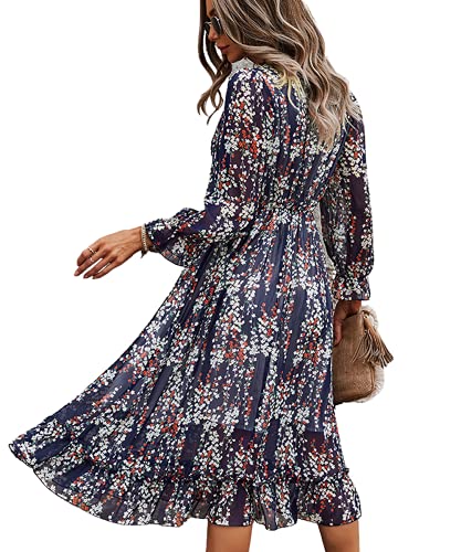 MOPOOGOSS Womens Junior Casual Summer Spring Ruffle Elegant Floral Long Sleeve Sexy V Neck Cute Chiffon Boho Beach Tunic Swing A Line Flowy Long Beach Casual Dresses for Women Navy M