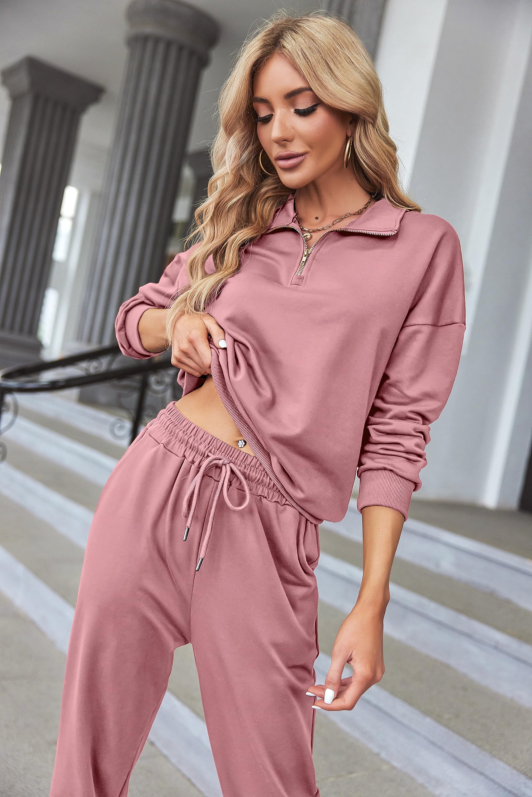 ELESOL Womens Tracksuit Long Sleeve Jogger Sets Zip Pullover Cotton Top and Drawstring Long Pants Set 2 Pieces Outfit