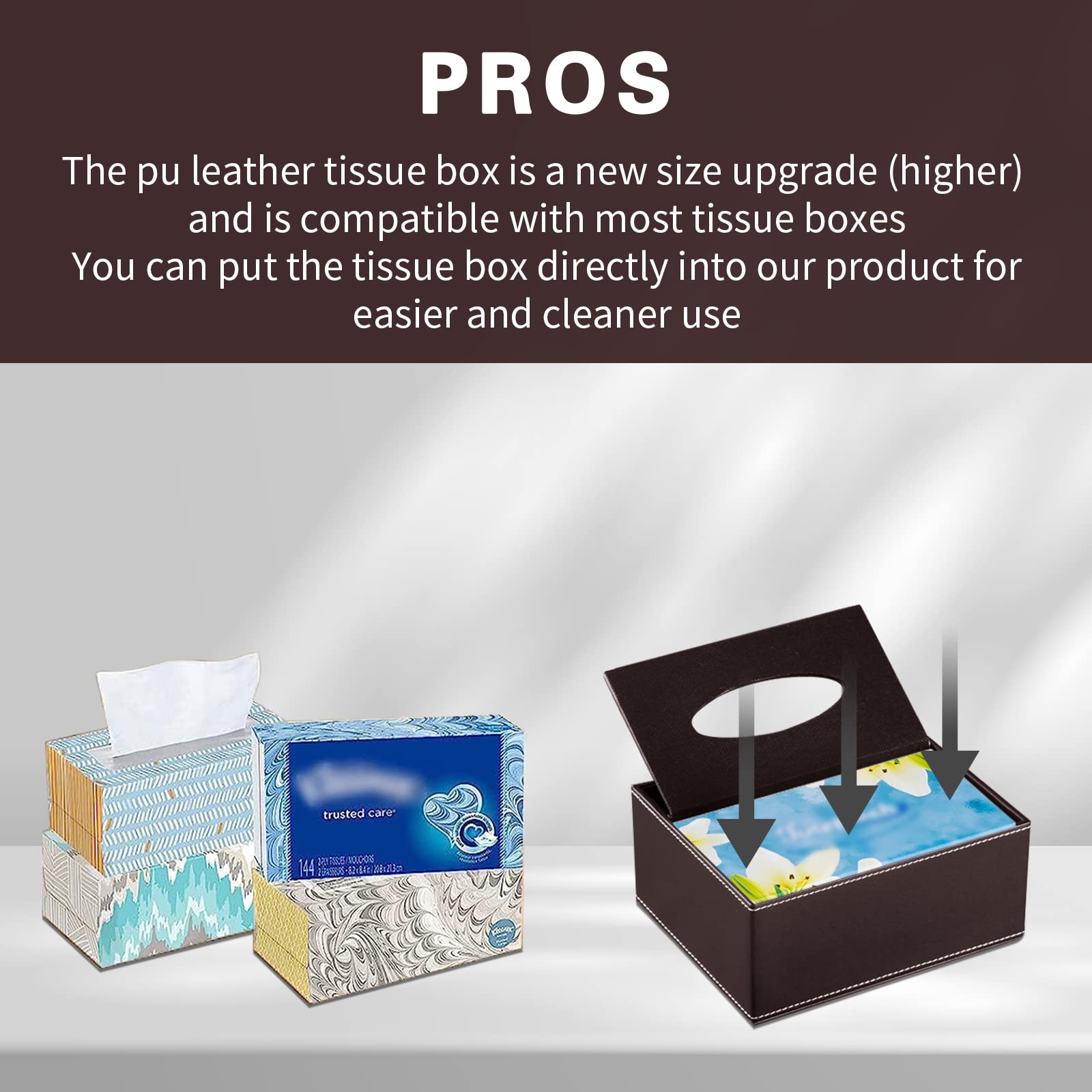 PU Leather Rectangular Tissue Box Cover - Multifunctional Tissue Box Holder with Stationery Remote Control Box, Decorative Tissue Pen Remote Organizer for Home/Office/Restaurant (Brown)