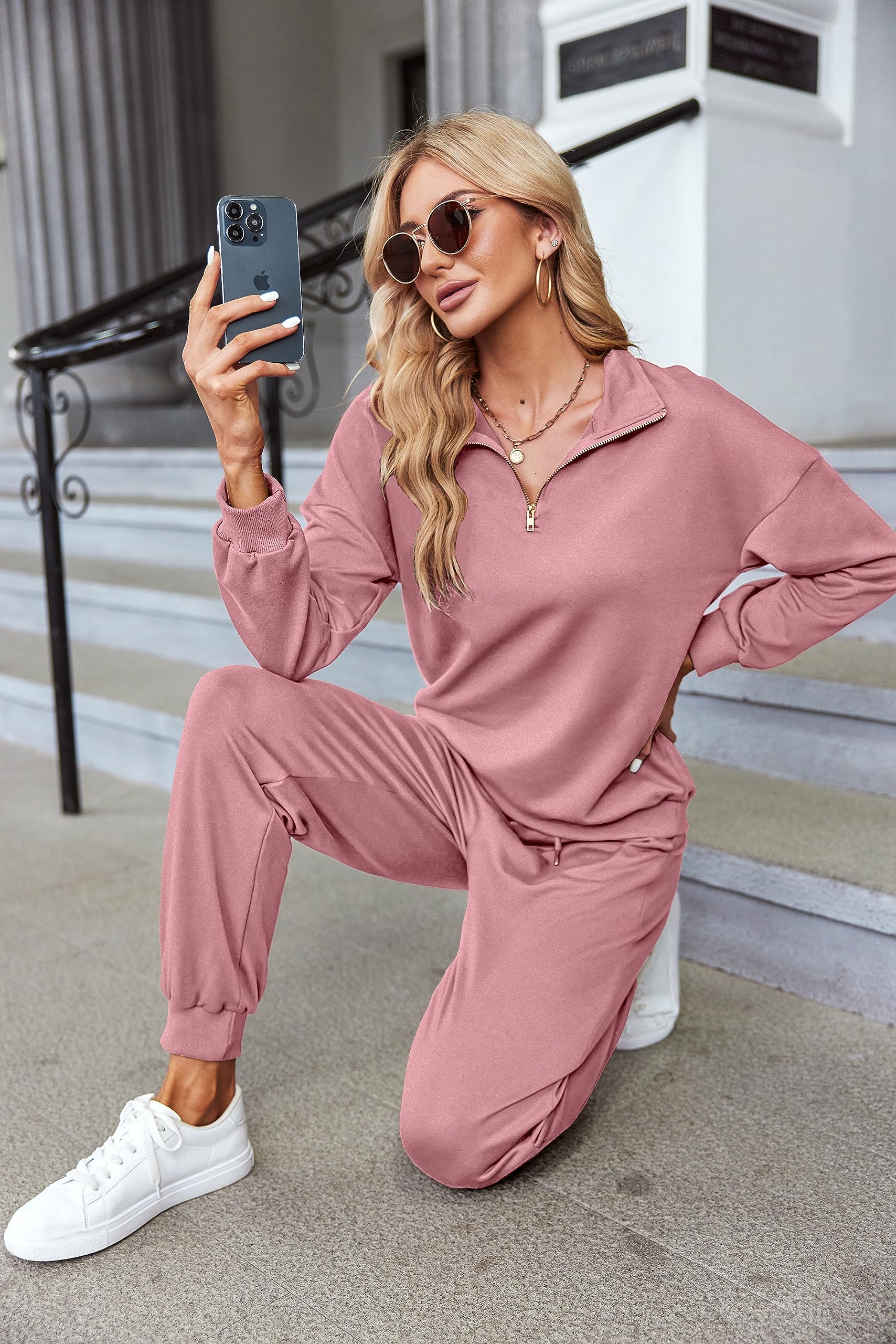 ELESOL Womens Tracksuit Long Sleeve Jogger Sets Zip Pullover Cotton Top and Drawstring Long Pants Set 2 Pieces Outfit