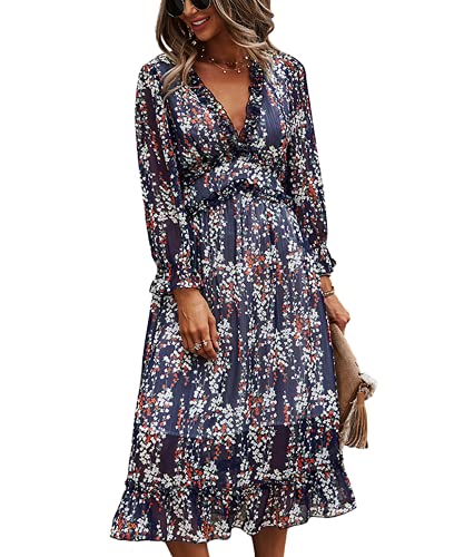 MOPOOGOSS Womens Junior Casual Summer Spring Ruffle Elegant Floral Long Sleeve Sexy V Neck Cute Chiffon Boho Beach Tunic Swing A Line Flowy Long Beach Casual Dresses for Women Navy M