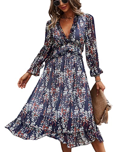MOPOOGOSS Womens Junior Casual Summer Spring Ruffle Elegant Floral Long Sleeve Sexy V Neck Cute Chiffon Boho Beach Tunic Swing A Line Flowy Long Beach Casual Dresses for Women Navy M