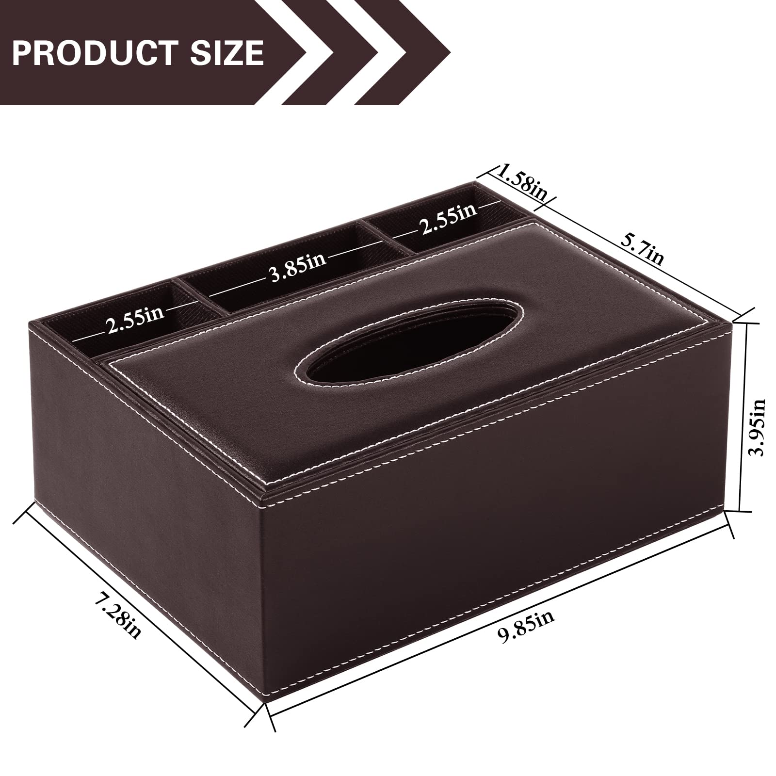 PU Leather Rectangular Tissue Box Cover - Multifunctional Tissue Box Holder with Stationery Remote Control Box, Decorative Tissue Pen Remote Organizer for Home/Office/Restaurant (Brown)