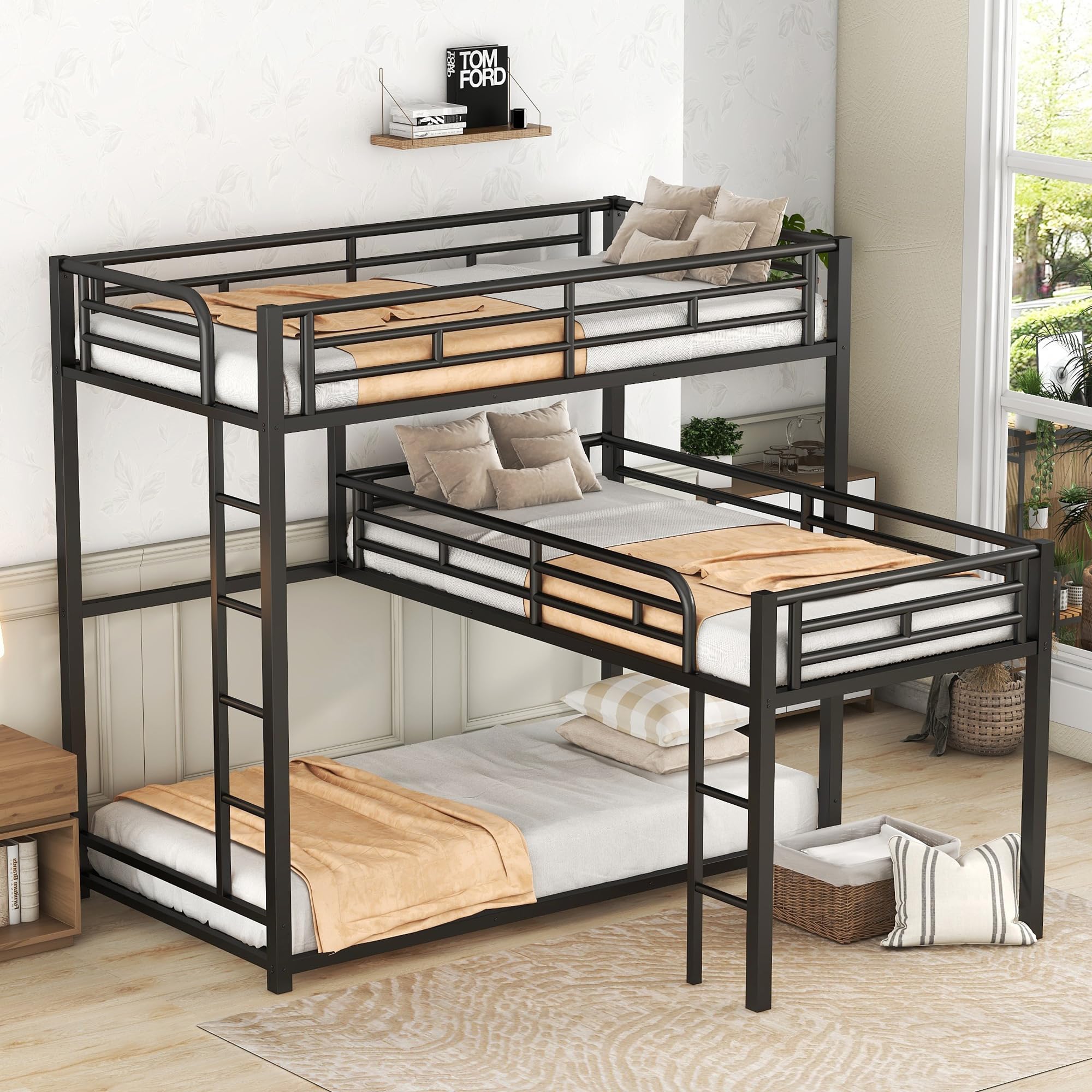 Twin Over Twin Bunk Bed, L-Shaped Metal Triple Bunk Bed Attached Twin Loft Bed with LadderFull-Length Guardrails, 3 Bed Bunk Beds for KidsTeens LF, Black