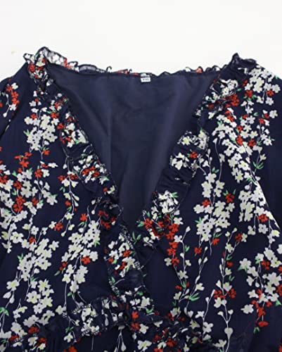 MOPOOGOSS Womens Junior Casual Summer Spring Ruffle Elegant Floral Long Sleeve Sexy V Neck Cute Chiffon Boho Beach Tunic Swing A Line Flowy Long Beach Casual Dresses for Women Navy M