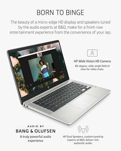 HP Chromebook 14 Laptop, Intel Celeron N4020, 4 GB RAM, 32 GB eMMC, 14” HD Micro-Edge Display, Chrome OS, Thin & Portable, 4K Graphics, Backlit Ash Gray Keyboard (14a-na0024nr, 2021, Mineral Silver)