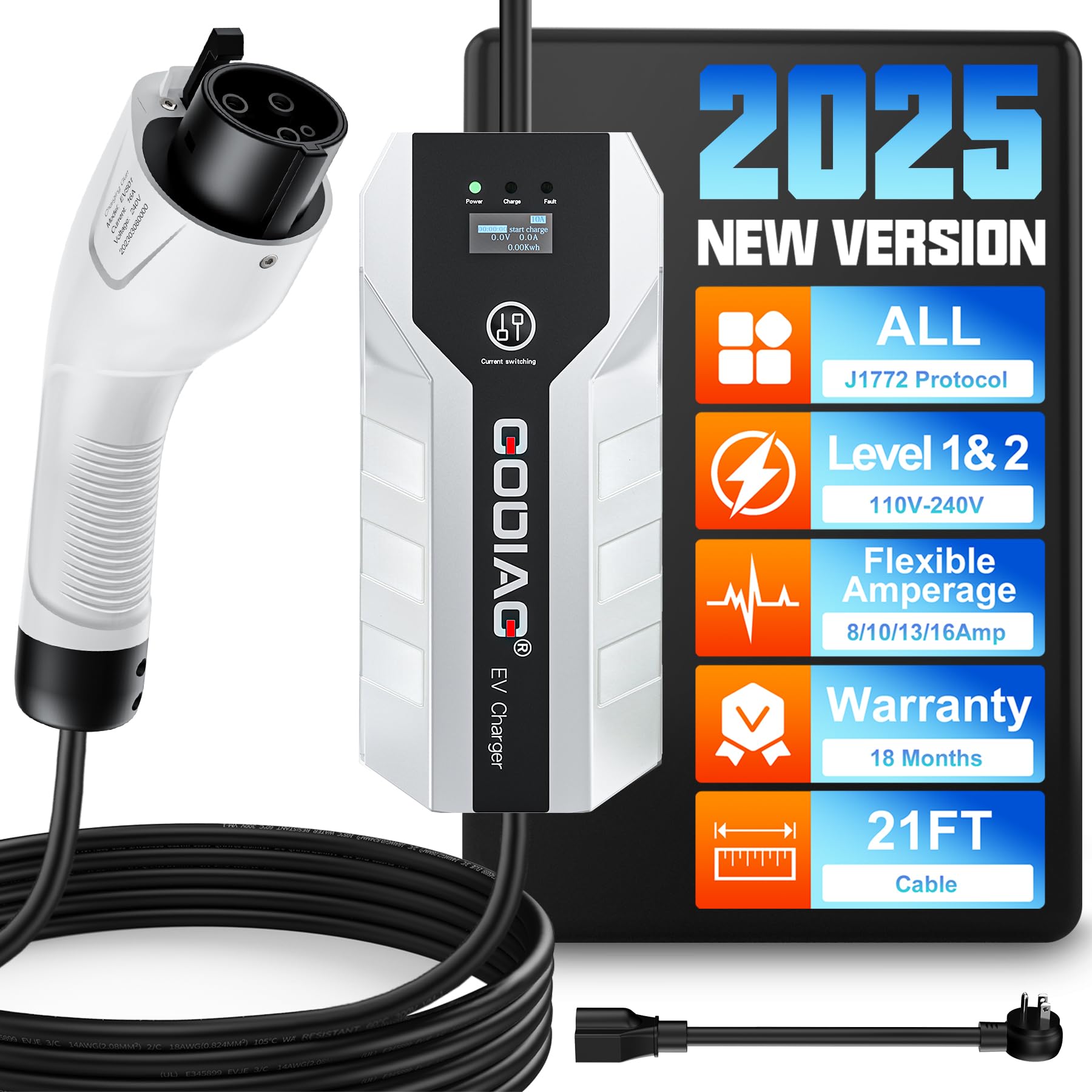 EV101 Portable EV Charger Level 1+2, 8/10/13/16 Amp Adjustable Electric Car Charger, 110V-240V 3.5KW 20 ft Plug-in Hybrid EV Charger