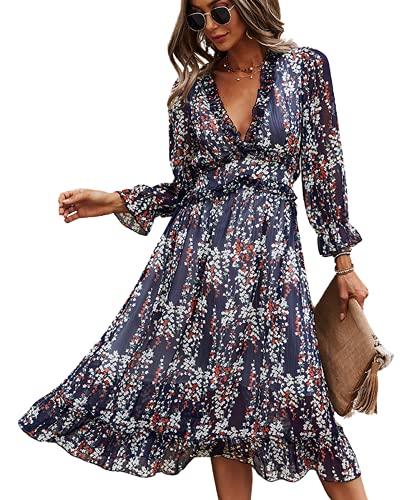 MOPOOGOSS Womens Junior Casual Summer Spring Ruffle Elegant Floral Long Sleeve Sexy V Neck Cute Chiffon Boho Beach Tunic Swing A Line Flowy Long Beach Casual Dresses for Women Navy M