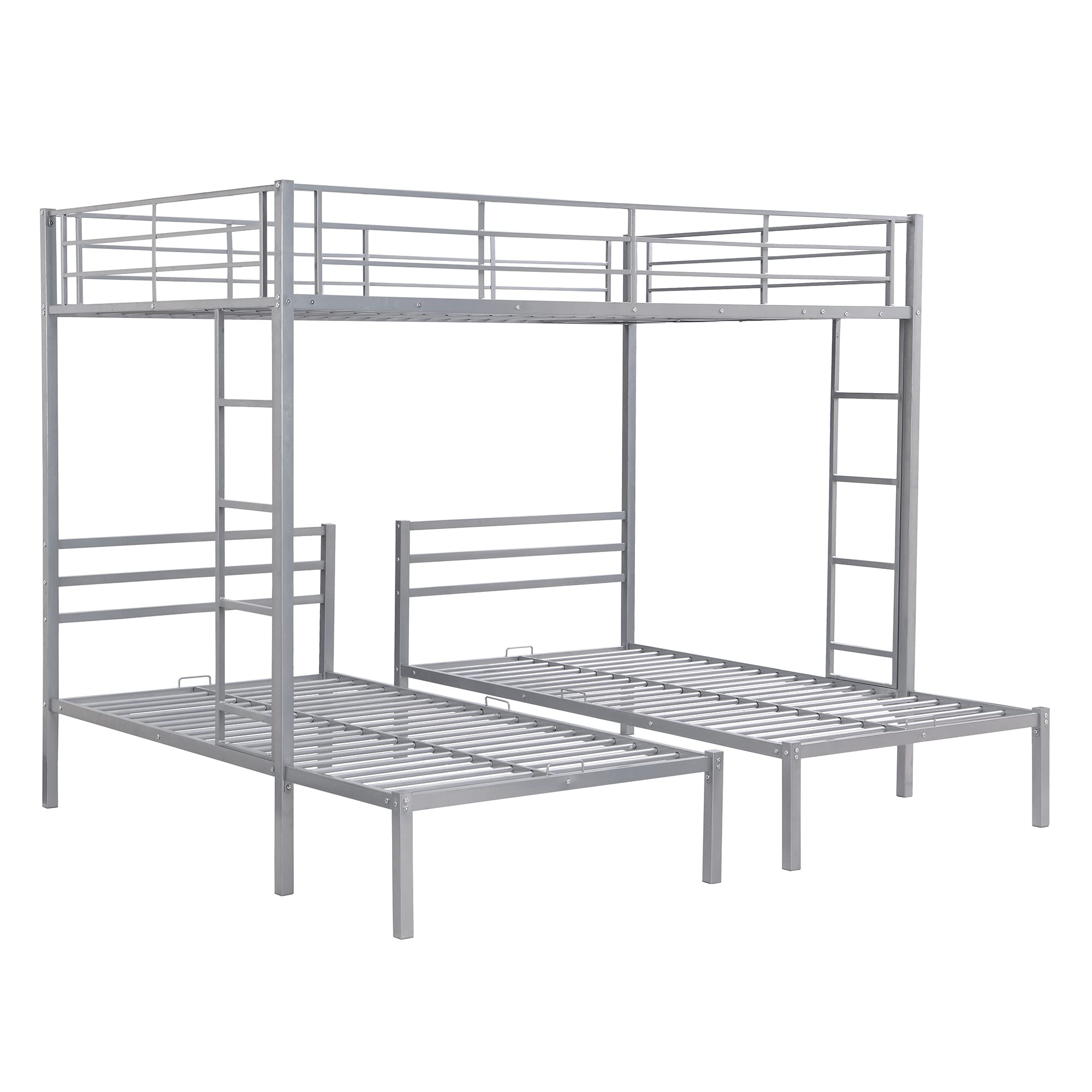 RUNWON Meta L Shaped Triple Bed - Sturdy Full Over Twin & Twin Bunk Bedframe with Built-in Shelf and Ladders for Three Kids or Teens