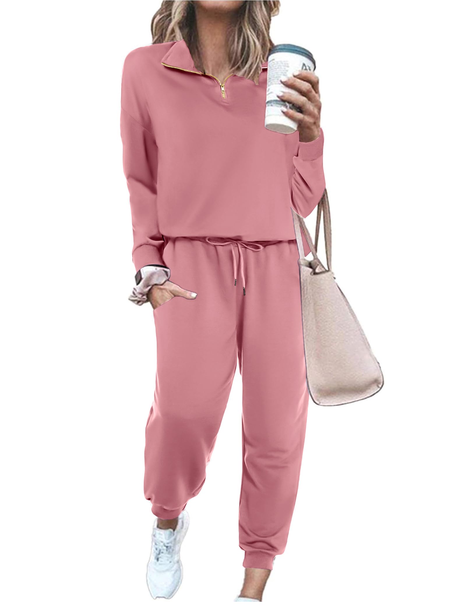 ELESOL Womens Tracksuit Long Sleeve Jogger Sets Zip Pullover Cotton Top and Drawstring Long Pants Set 2 Pieces Outfit