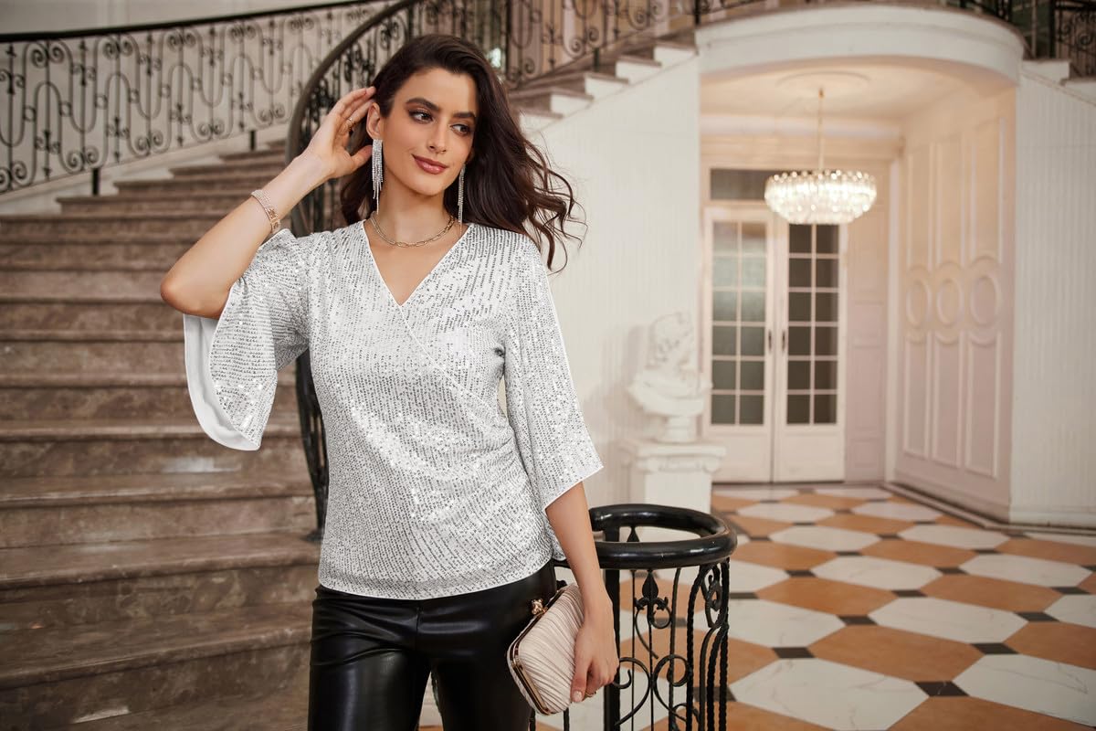 GRACE KARIN Women's Sequin Silver Top Sparkly 3/4 Sleeve Party Shirts Dressy Glitter Slim Fit Blouses 2XL