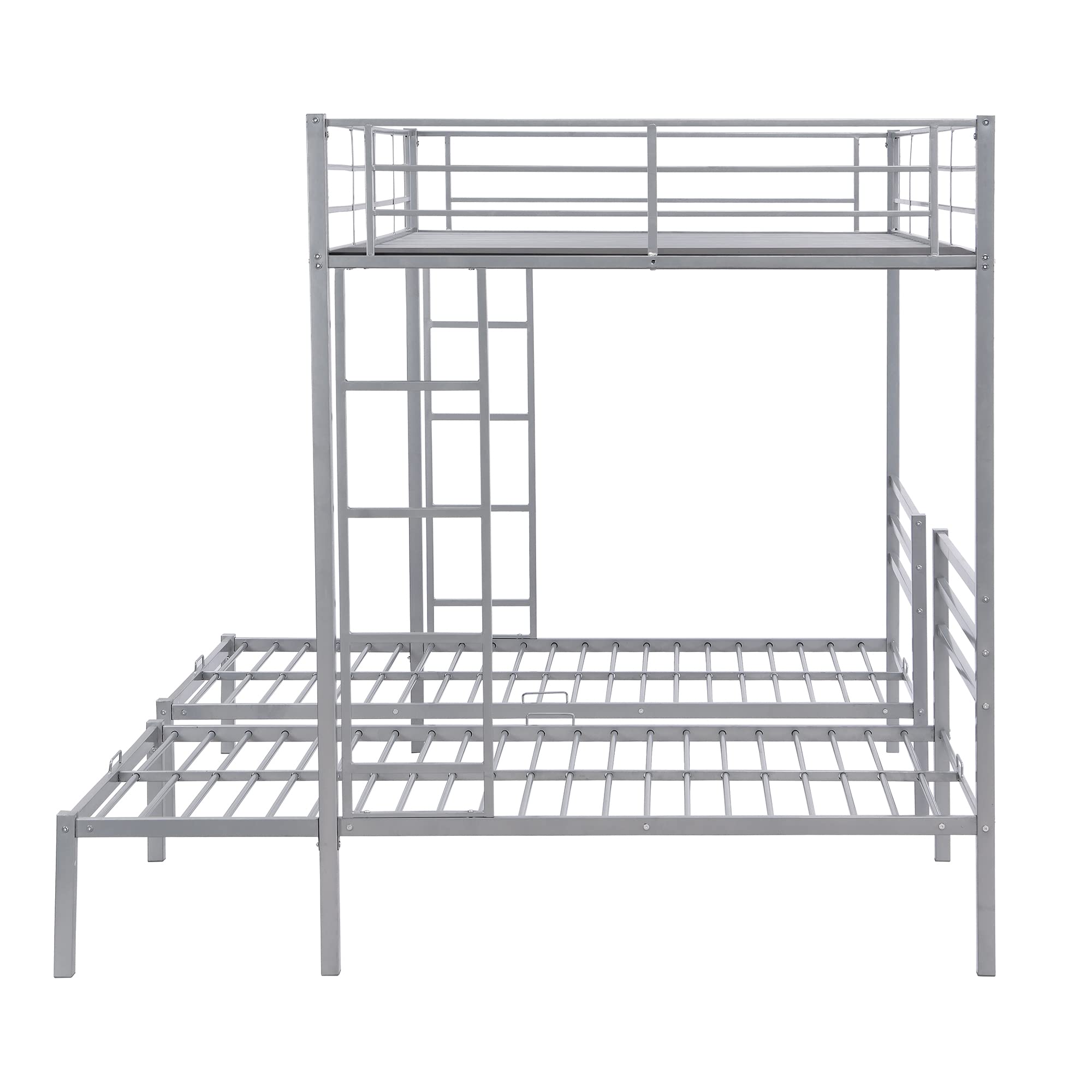 RUNWON Meta L Shaped Triple Bed - Sturdy Full Over Twin & Twin Bunk Bedframe with Built-in Shelf and Ladders for Three Kids or Teens