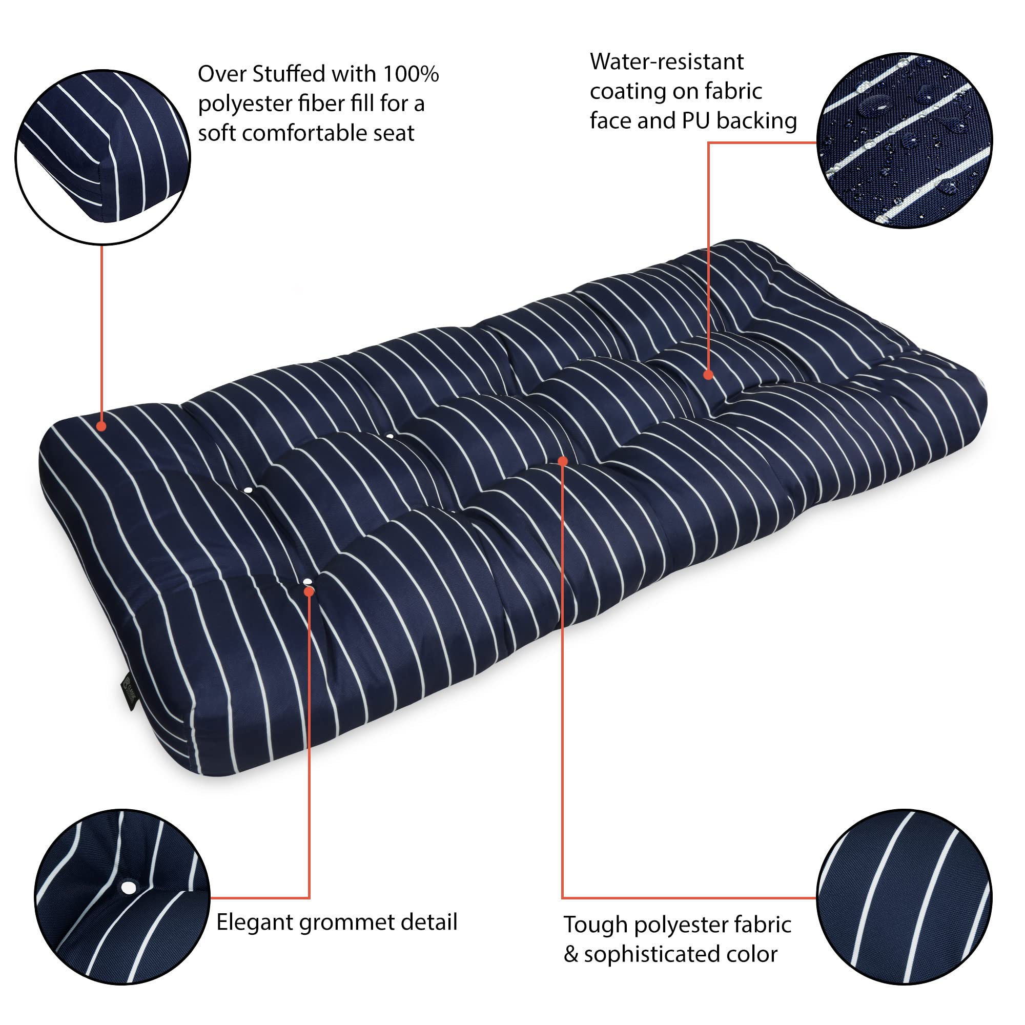 Classic Accessories Outdoor Bench Cushion, Classic Navy, Stripe, 54" W x 18" D x 5" Thick, Outdoor Bench, Bench Cushions, Outdoor Cushions