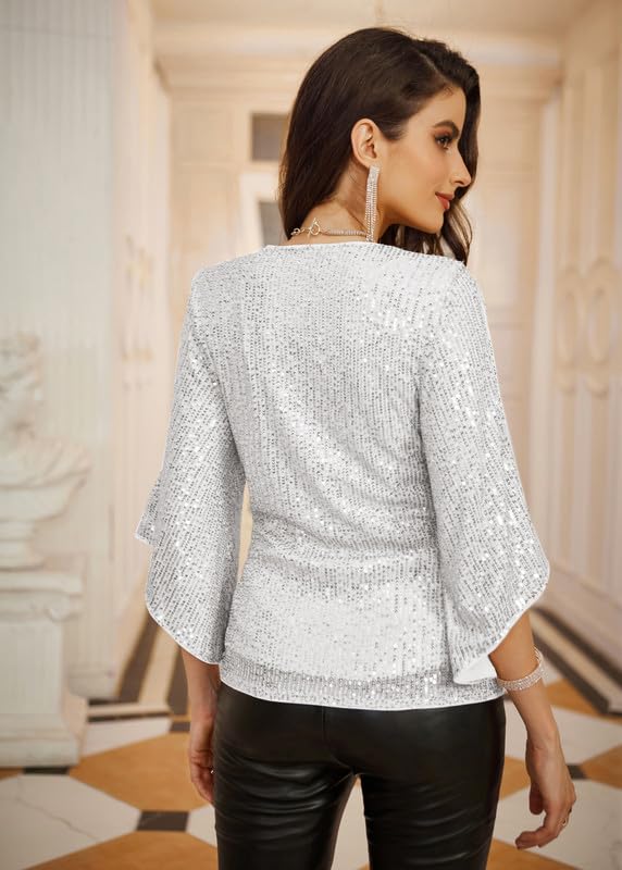 GRACE KARIN Women's Sequin Silver Top Sparkly 3/4 Sleeve Party Shirts Dressy Glitter Slim Fit Blouses 2XL