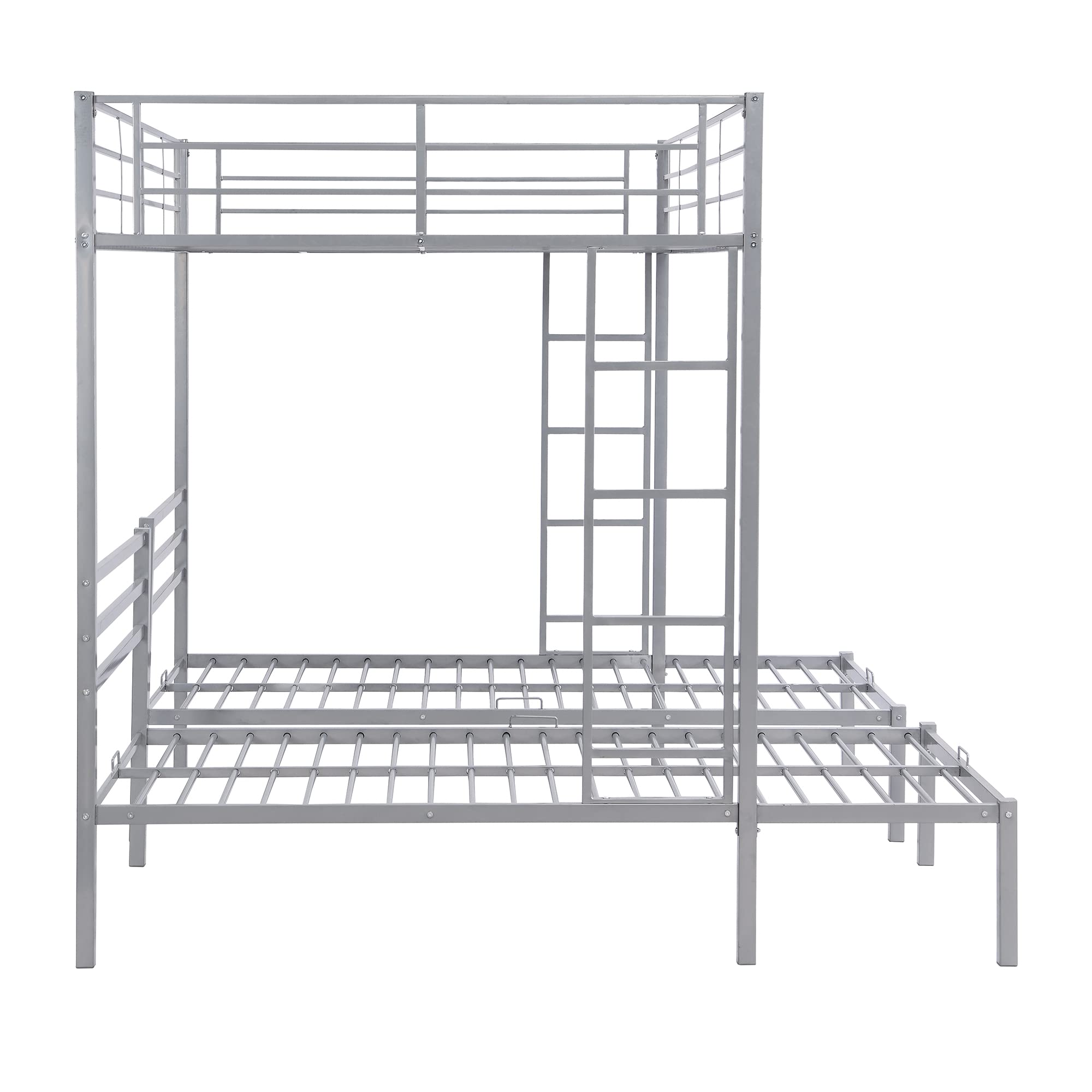 RUNWON Meta L Shaped Triple Bed - Sturdy Full Over Twin & Twin Bunk Bedframe with Built-in Shelf and Ladders for Three Kids or Teens