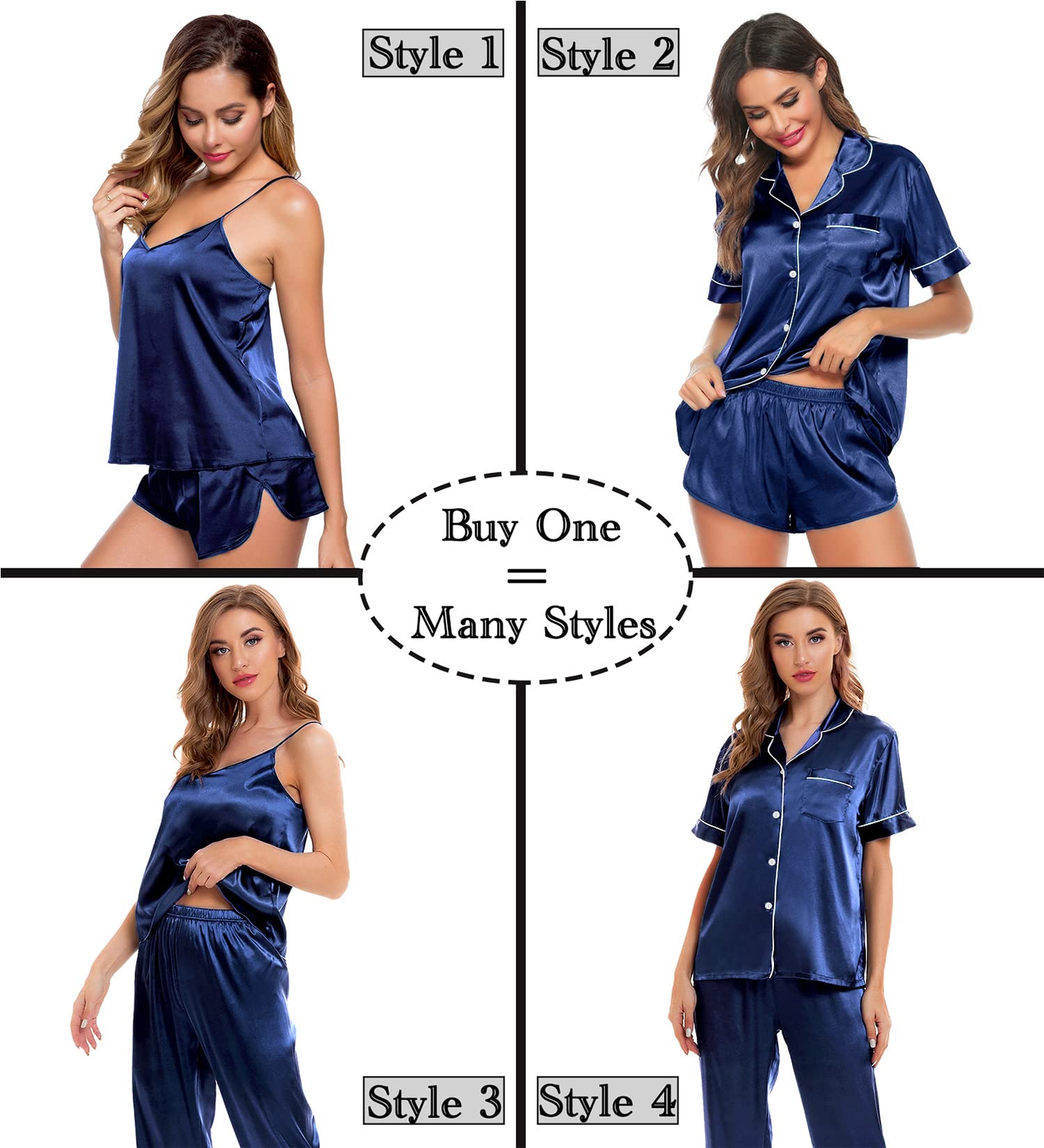 SWOMOG Womens Silk Satin Pajamas Sets 4pcs Sleepwear Sexy Cami Shorts Set and Button Down Short Sleeve Pjs Loungewear Navy Blue Medium