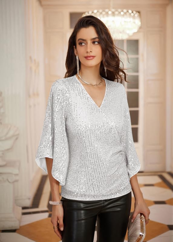 GRACE KARIN Women's Sequin Silver Top Sparkly 3/4 Sleeve Party Shirts Dressy Glitter Slim Fit Blouses 2XL