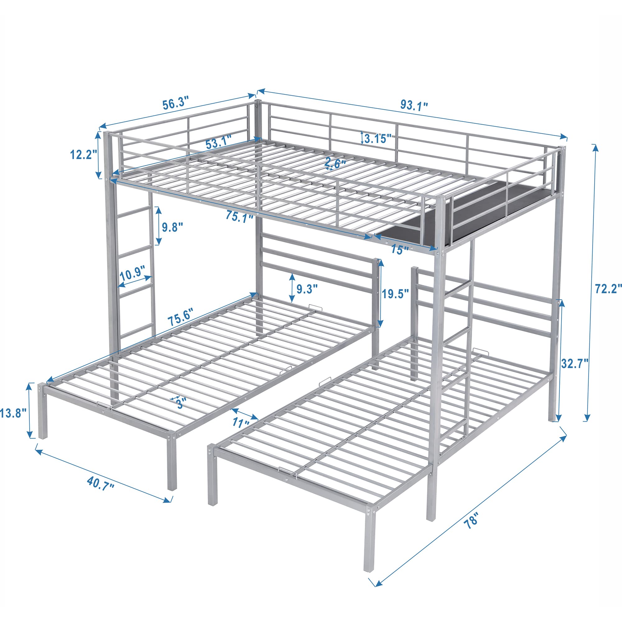 RUNWON Meta L Shaped Triple Bed - Sturdy Full Over Twin & Twin Bunk Bedframe with Built-in Shelf and Ladders for Three Kids or Teens