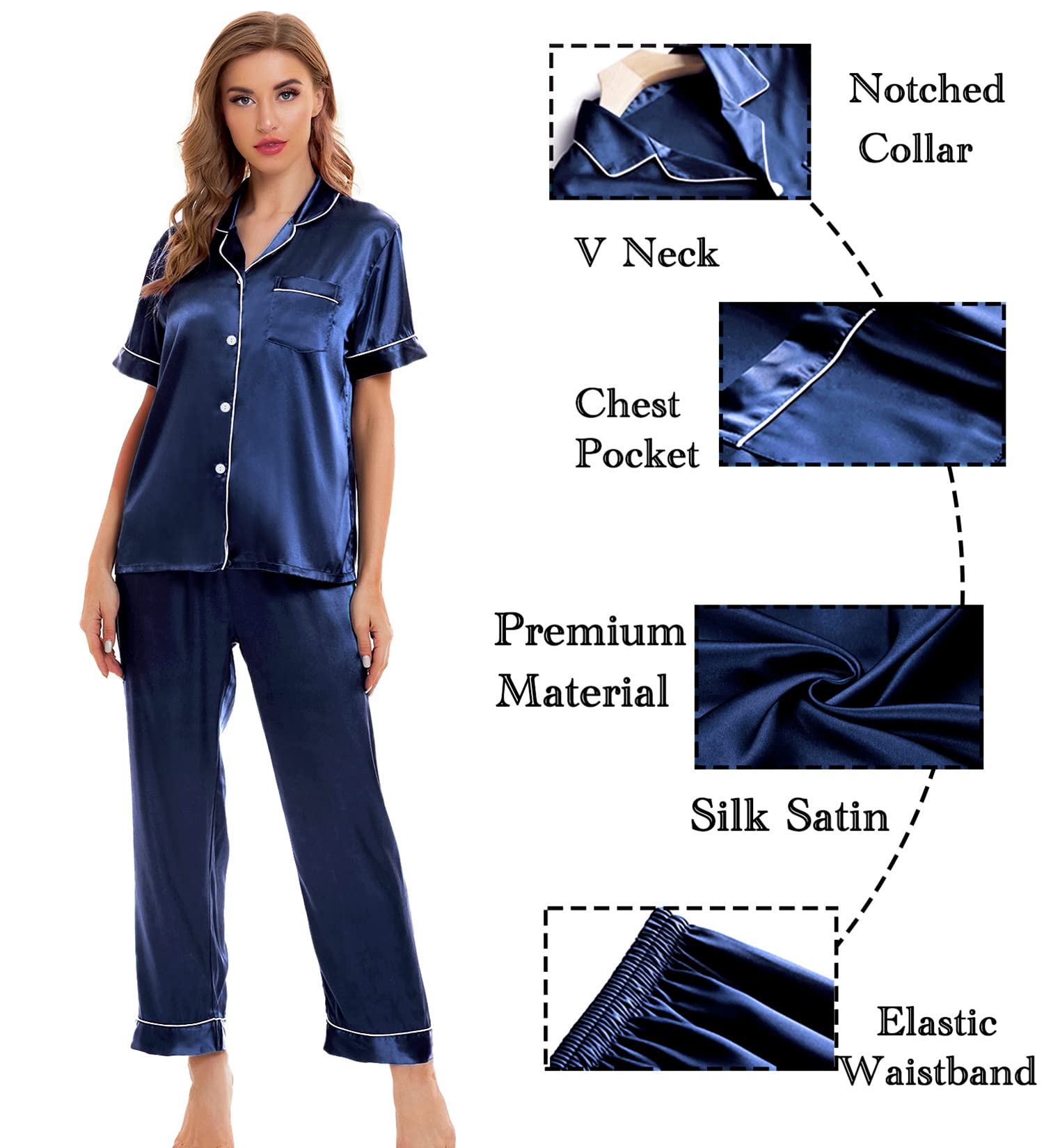SWOMOG Womens Silk Satin Pajamas Sets 4pcs Sleepwear Sexy Cami Shorts Set and Button Down Short Sleeve Pjs Loungewear Navy Blue Medium