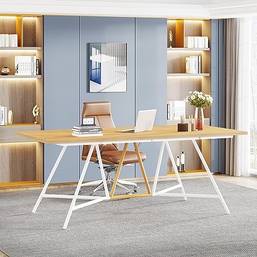 Tribesigns 70.86" Executive Desk, Large Computer Office Desk with Strong Metal Frame, Modern Simple Workstation Business Furniture, 8 People Rectangle Conference Table for Home Office (Natural)