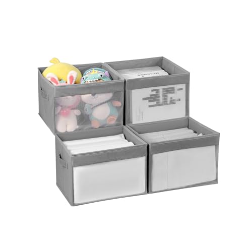 Remittur 4 Packs Closet Storage Bins with Clear Window, Foldable Linen Storage containers with Handle, Cube Storage Box Basket for Clothing, Jeans,Toys, Books, Shelves, Wardrobe, Closet