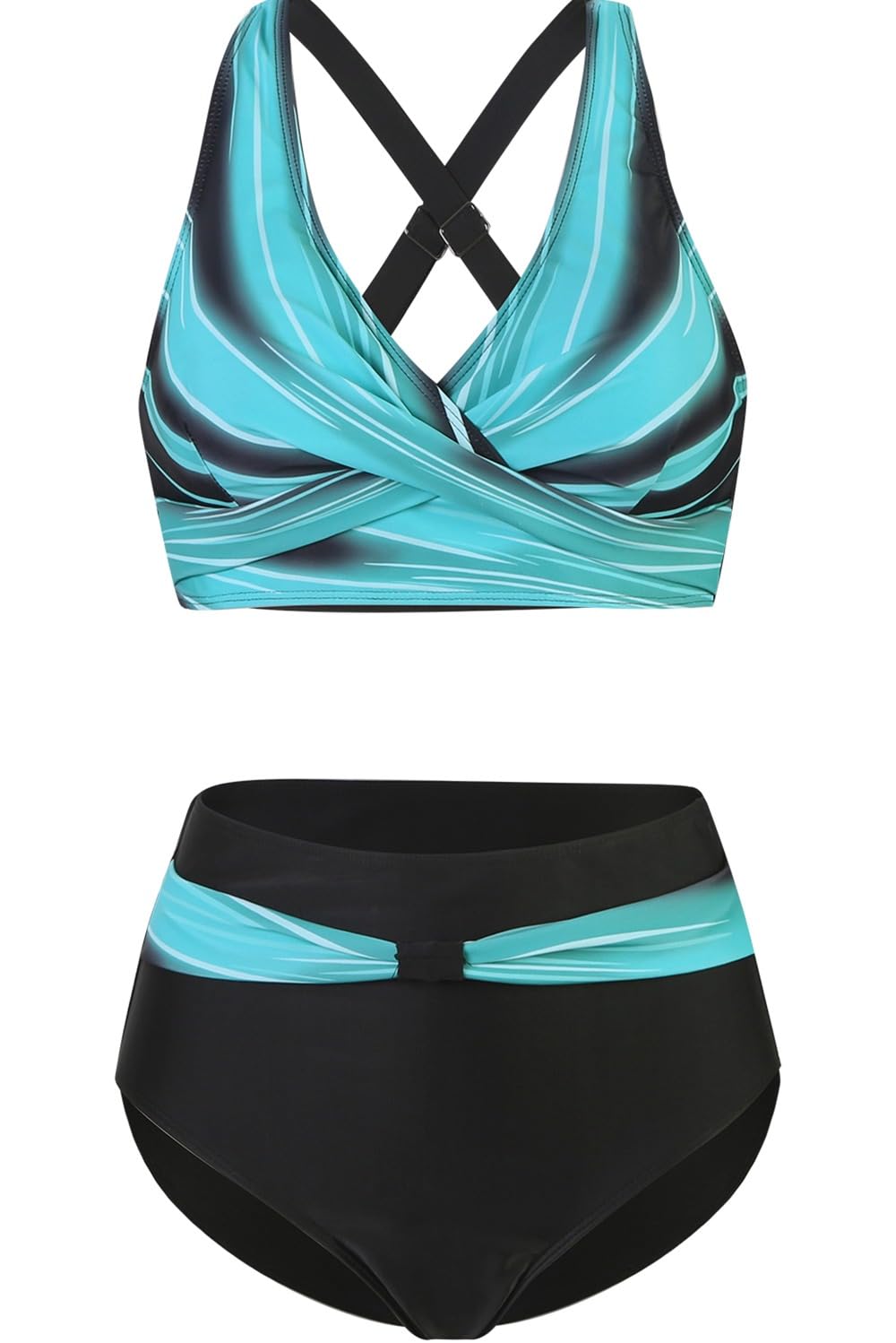 SEAFORM Womens Two Piece Swimsuits Wrap Front Bikini High Waisted Bottom Tummy Control Bathing Suits Vintage Print Swimwear Blue Stripes