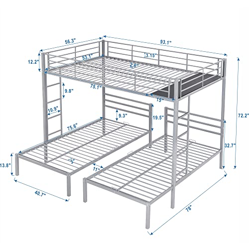 DEYOBED Full Over Twin & Twin Metal L-Shaped Triple Bed Bunk Bed with Built-in Shelf and 2 Ladders - Space-Saving and Organized Sleep Space for Kids, Teens, Adults