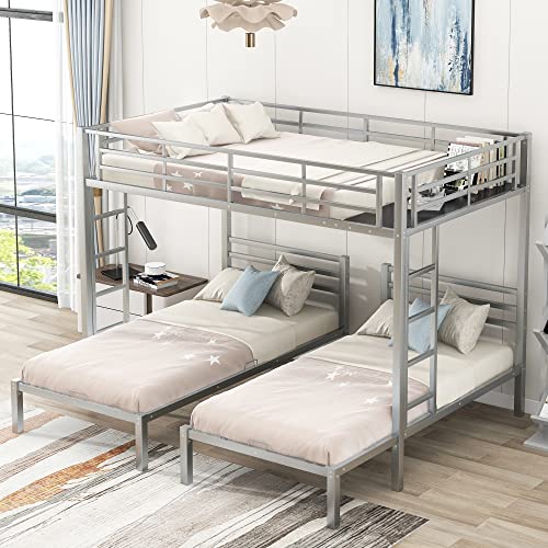 DEYOBED Full Over Twin & Twin Metal L-Shaped Triple Bed Bunk Bed with Built-in Shelf and 2 Ladders - Space-Saving and Organized Sleep Space for Kids, Teens, Adults