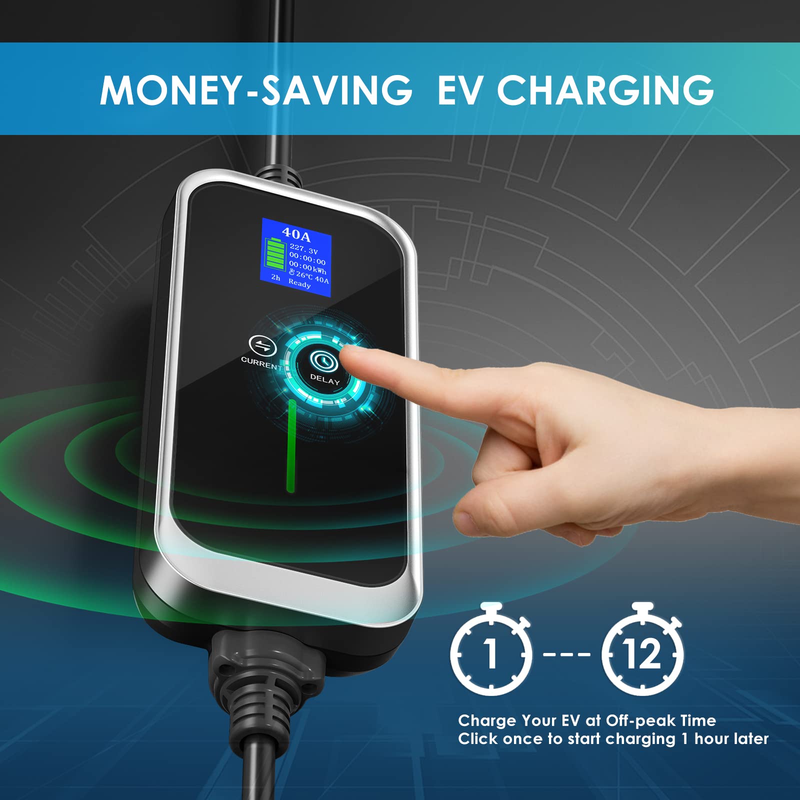 Evjuicion Level 2 EV Charger, 40Amp 240V Portable Electric Vehicle Charger 25Ft Cable NEMA 14-50 Plug for J1772 Electric Car Home Charging Station, Delay Timer