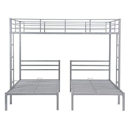 DEYOBED Full Over Twin & Twin Metal L-Shaped Triple Bed Bunk Bed with Built-in Shelf and 2 Ladders - Space-Saving and Organized Sleep Space for Kids, Teens, Adults