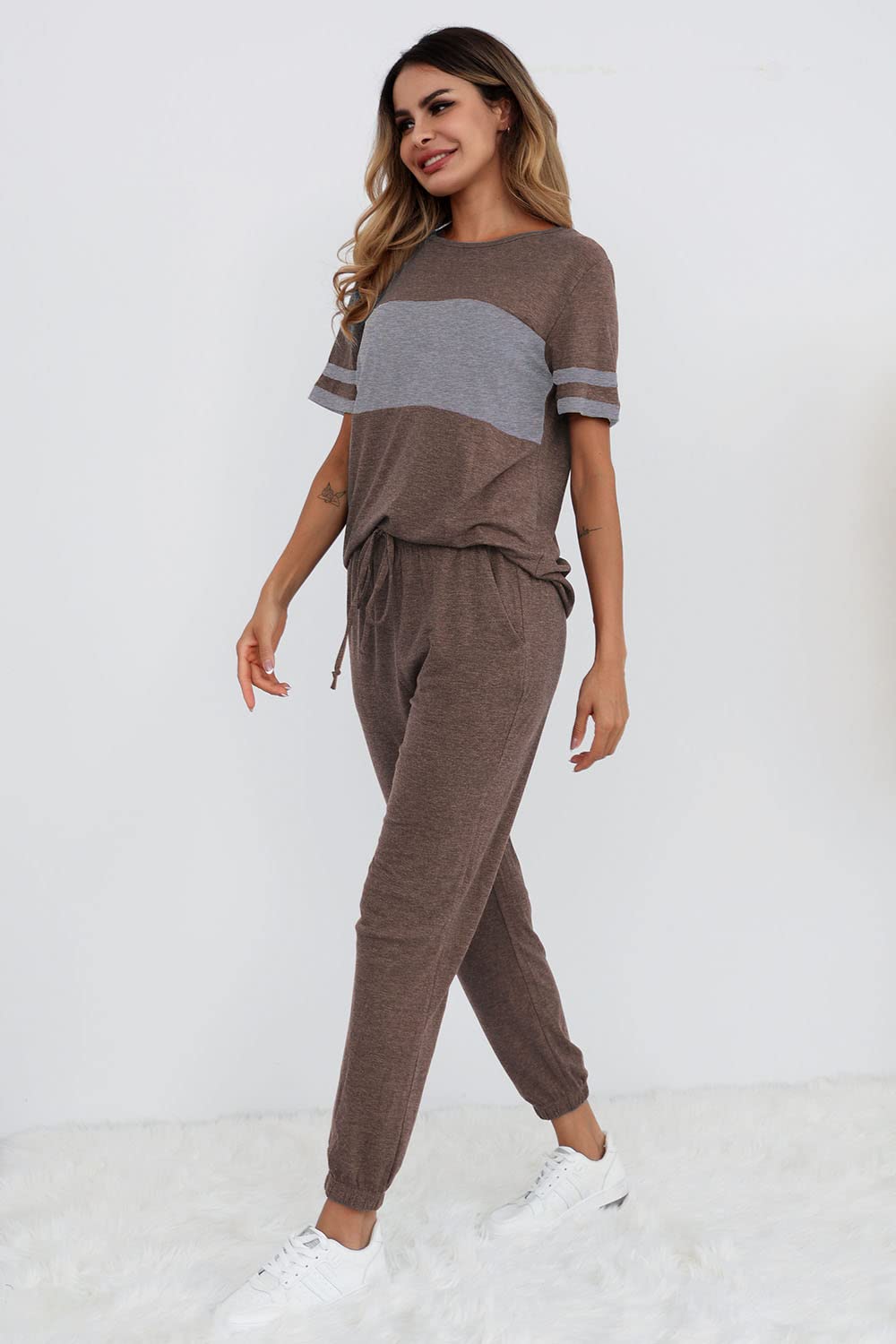 PRETTYGARDEN Women's Two Piece Lounge Sets 2025 Spring Summer Jogger Pants Vacation Outfits Travel Airplane Matching Clothes (Striped Dark Khaki,X-Large)
