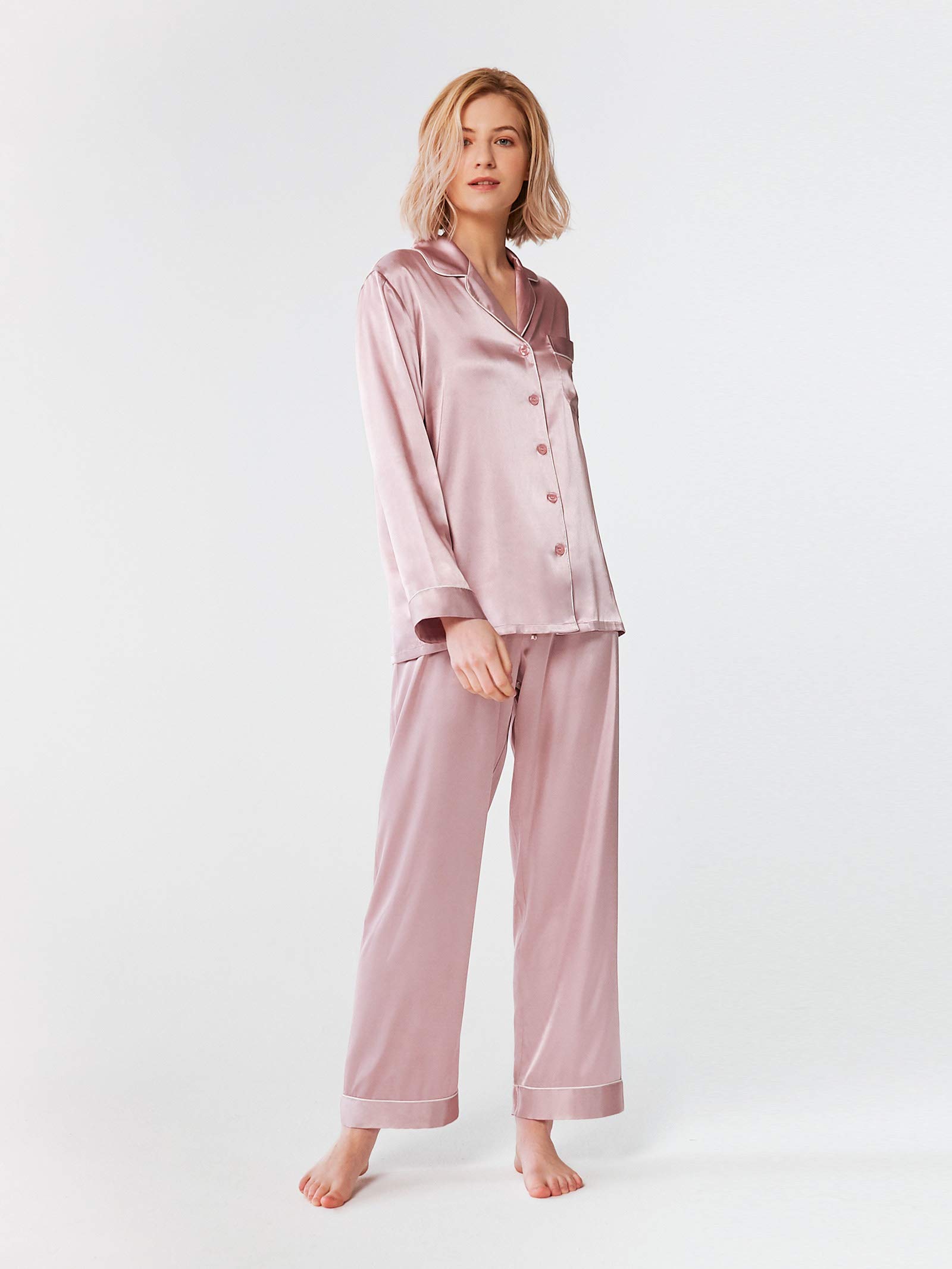 SIORO Womens Silk Pajamas Soft Long Satin Sleepwear Ladies Pajama Sets Button Down Loungewear Pyjamas Suit, Dusty Rose, Large