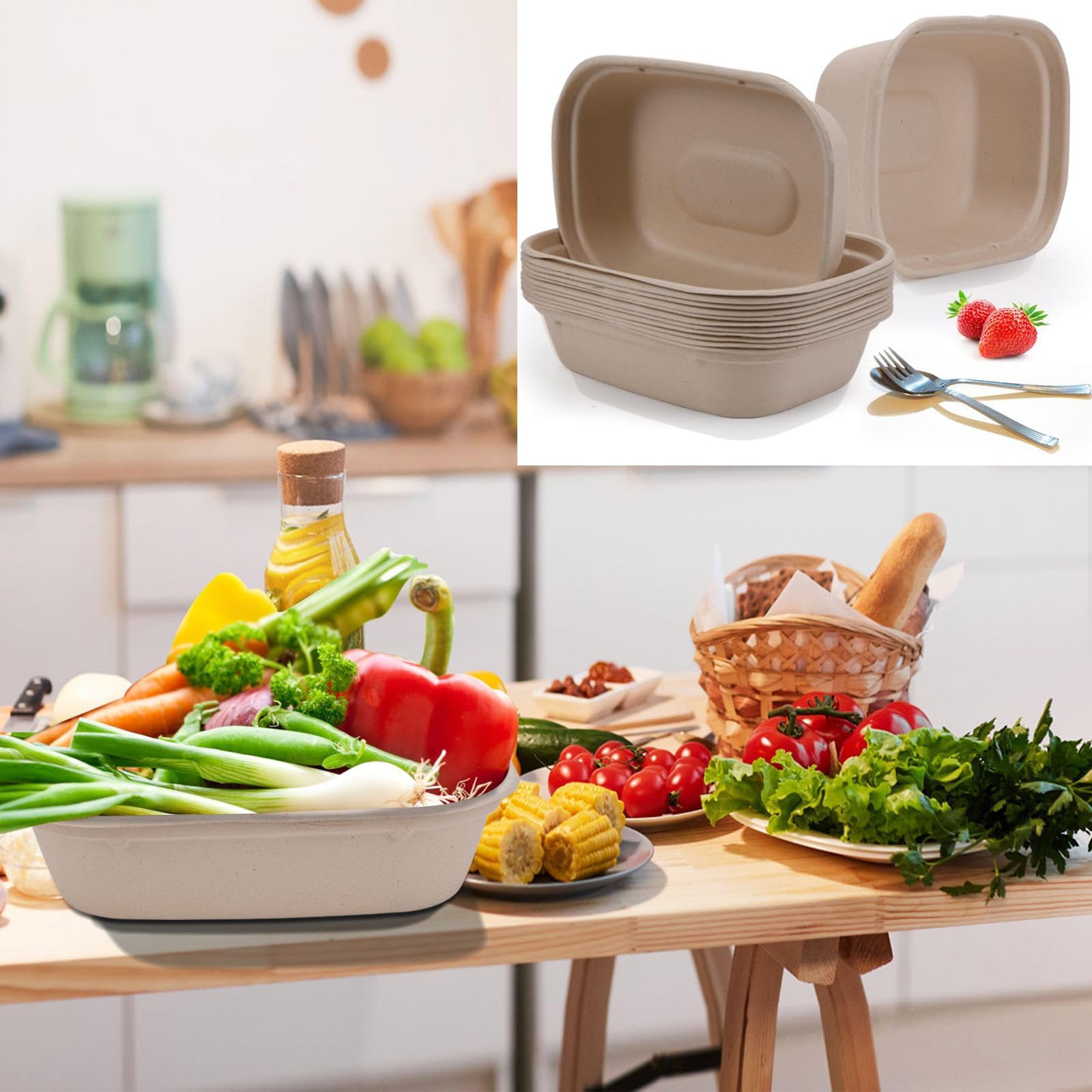 Kaderron 35 oz 50 Pack Large Paper Bowls with Lids, Disposable Bowls Bulk Leakproof and Microwave Safe for Hot/Cold Use