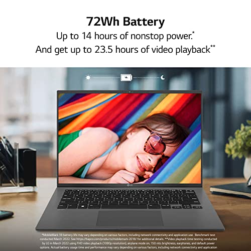 LG gram (2022) 14Z90Q Ultra Lightweight Laptop, 14" (1920 x 1200) IPS Display, Intel Evo 12th Gen i7 1260P Processor, 16GB LPDDR5, 512GB NVMe SSD, FHD Webcam, WiFi 6E, Thunderbolt 4, Windows11, Black