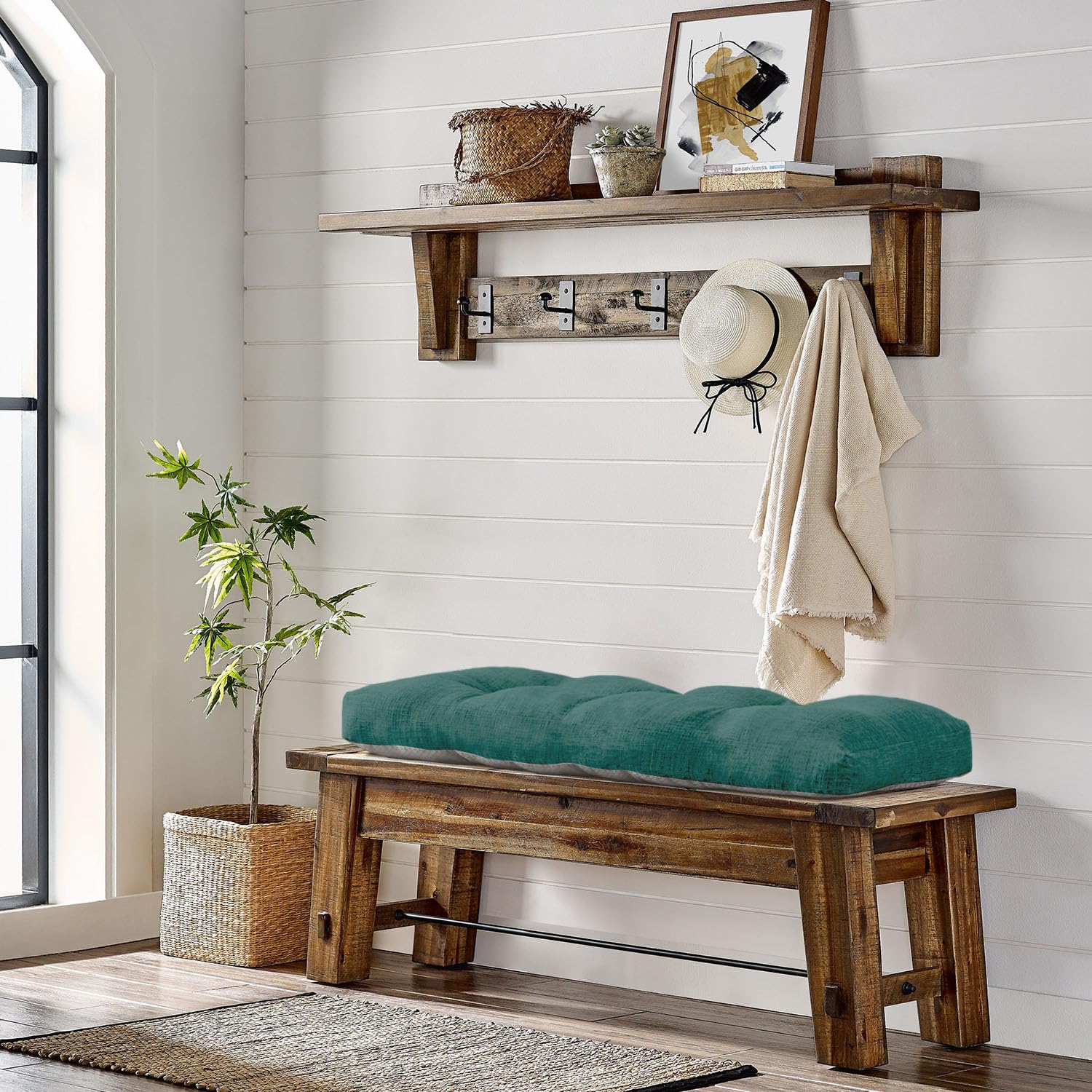 downluxe Indoor Bench Cushion for Indoor Furniture, Non-Slip Tufted Overstuffed Textured Memory Foam Bench Seat Cushion, 36" X 14" X 4", Green, 1 Pack