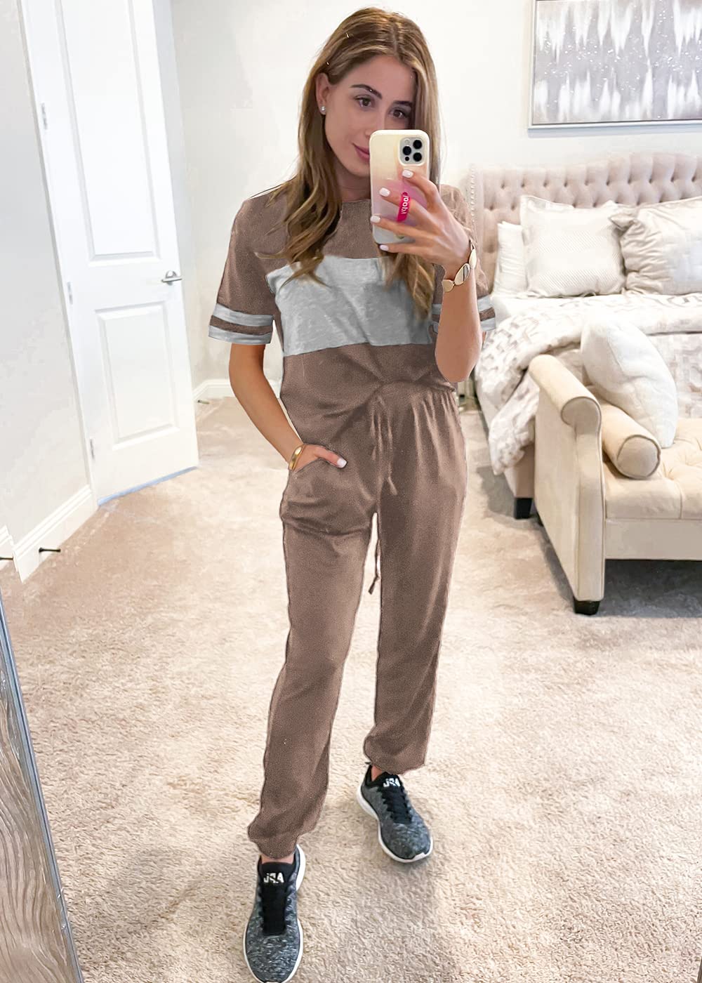 PRETTYGARDEN Women's Two Piece Lounge Sets 2025 Spring Summer Jogger Pants Vacation Outfits Travel Airplane Matching Clothes (Striped Dark Khaki,X-Large)