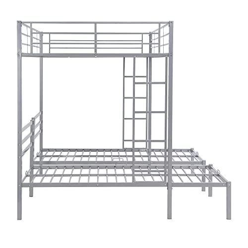 DEYOBED Full Over Twin & Twin Metal L-Shaped Triple Bed Bunk Bed with Built-in Shelf and 2 Ladders - Space-Saving and Organized Sleep Space for Kids, Teens, Adults