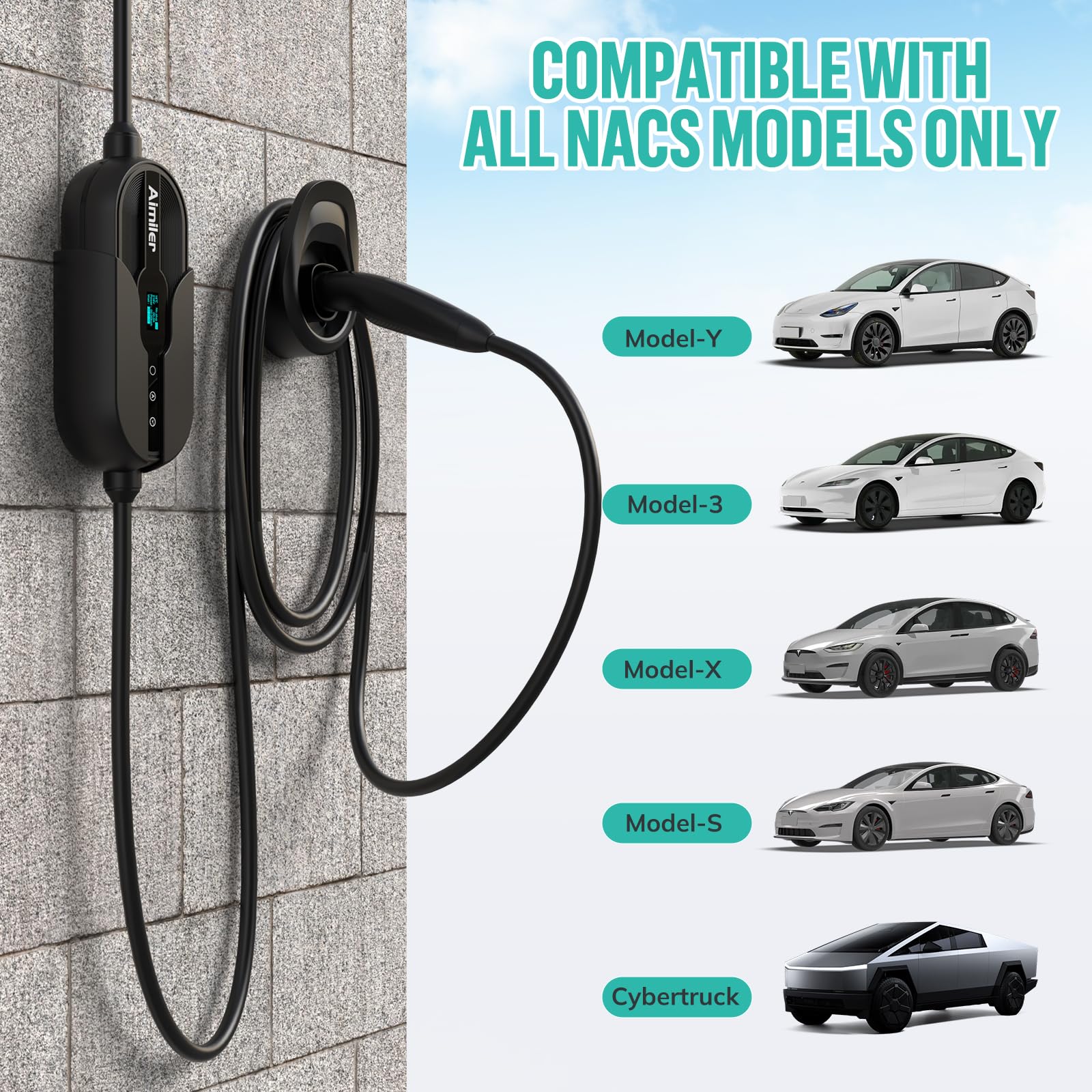 AIMILER Level 2 Tesla Charger(Wireless WiFi APP), 240V, 32 Amp, NEMA 14-50 Plug, 25ft Cord - Portable/Home NACS Connector Electric Car(EV) Charger for Tesla - Compatible with Tesla Model X/Y/3/S