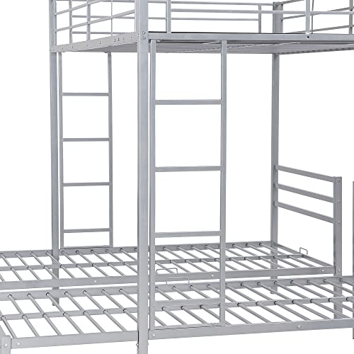 DEYOBED Full Over Twin & Twin Metal L-Shaped Triple Bed Bunk Bed with Built-in Shelf and 2 Ladders - Space-Saving and Organized Sleep Space for Kids, Teens, Adults