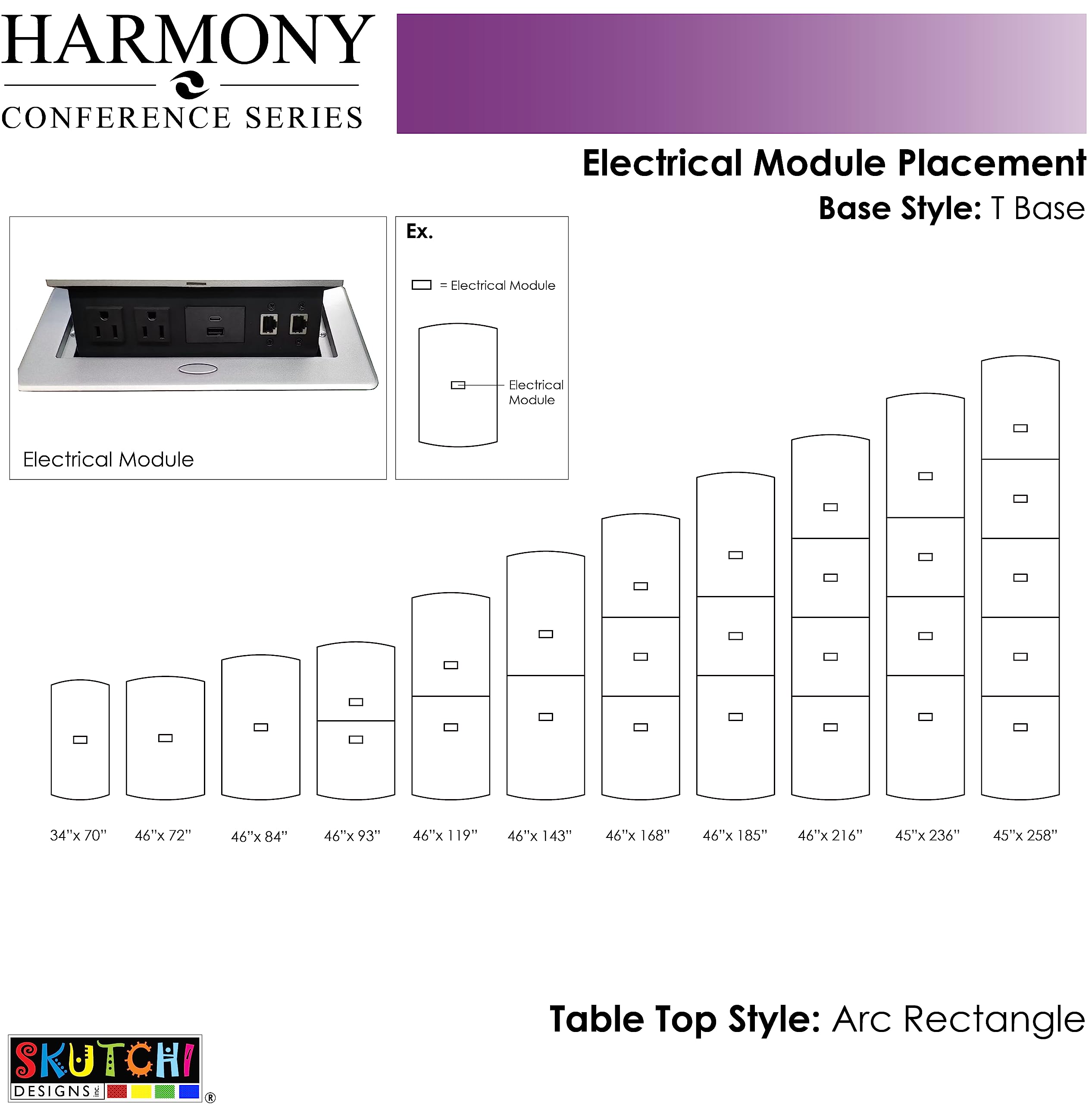 SKUTCHI DESIGNS INC. 6 Person Small Arc Rectangle Conference Table with T Bases and Power Module | Harmony Series | 6' Meeting Room Table | Asian Night | Factory Clearance