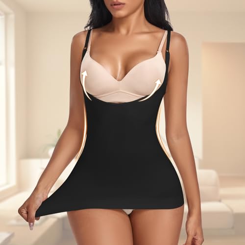EUYZOU 2PK Women's Tummy Control Shapewear Tank Tops Underbust Compression Shape Wear Seamless Body Shaper Camisole, Black/Beige L