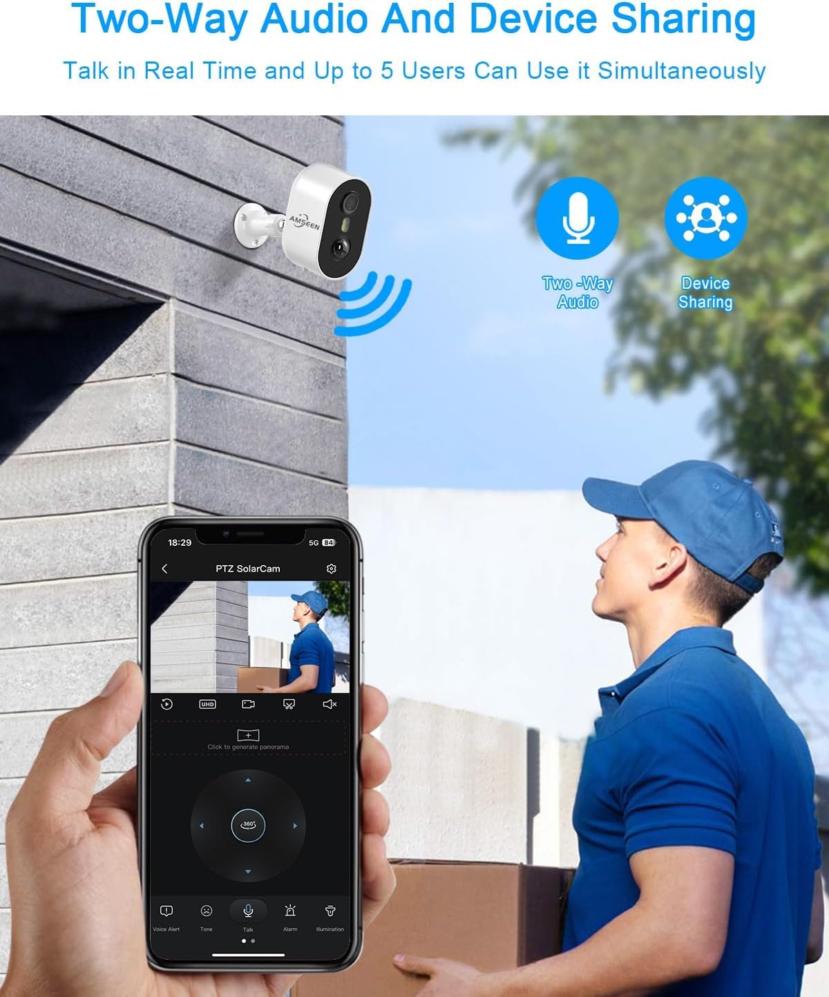 AMSEEN Solar Security Camera Wireless Outdoor with 360° Panoramic View, PIR Human Detection, 2K Night Vision, Spotlight and Siren, 2-Way Audio, Compatible with Alexa for Home Surveillance (C2-01)