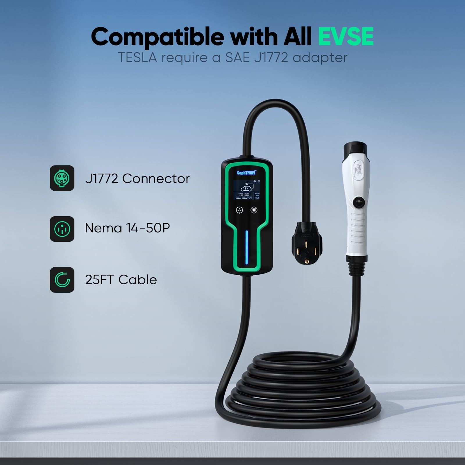 SOPHTRANS Level 2 EV Charger,10 to 40 Amp with J1772 NEMA 14-50 Thick Cable (8AWG), Wall Mounted & Portable Electric Car Charger with WiFi (100-240V,25ft) (Black)