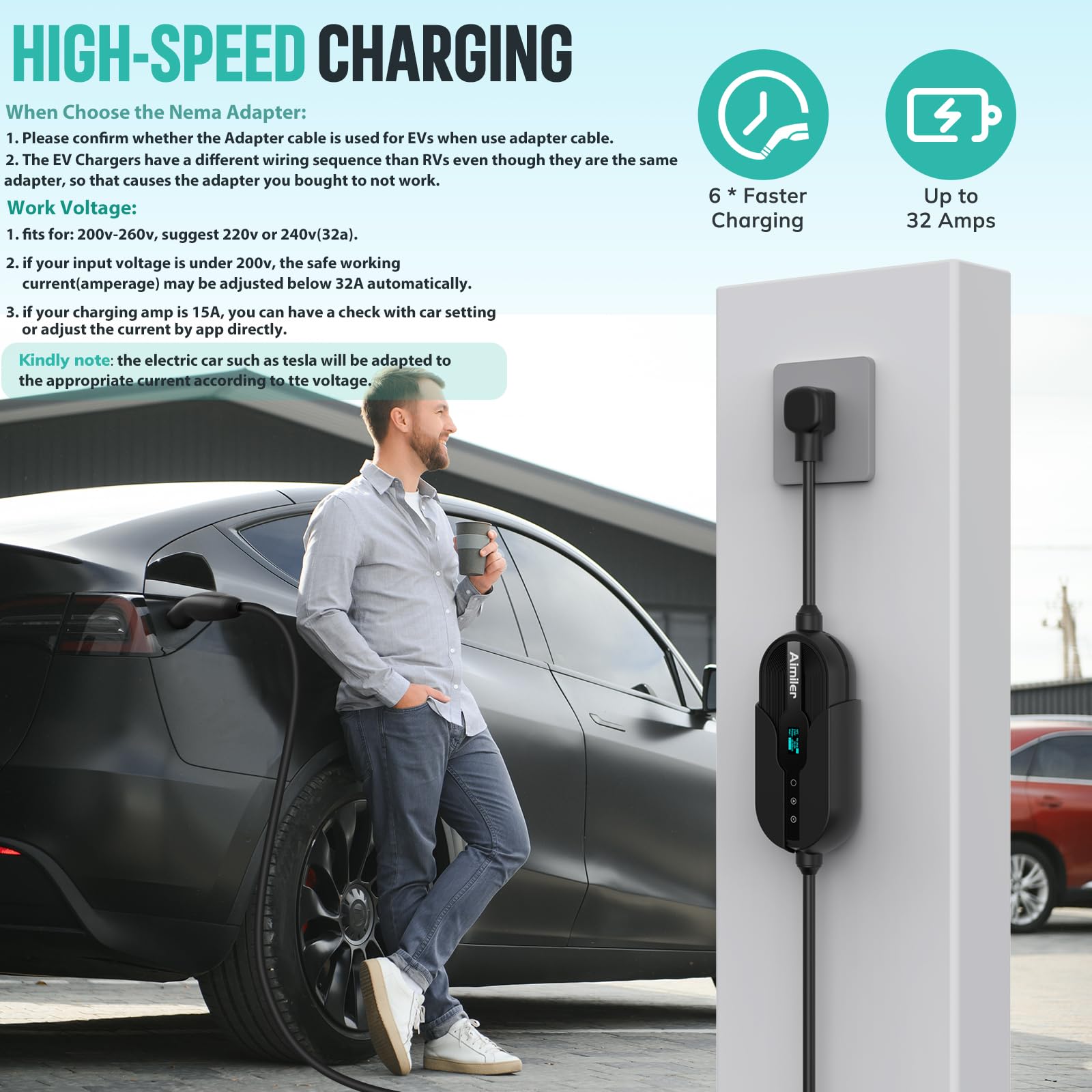 AIMILER Level 2 Tesla Charger(Wireless WiFi APP), 240V, 32 Amp, NEMA 14-50 Plug, 25ft Cord - Portable/Home NACS Connector Electric Car(EV) Charger for Tesla - Compatible with Tesla Model X/Y/3/S