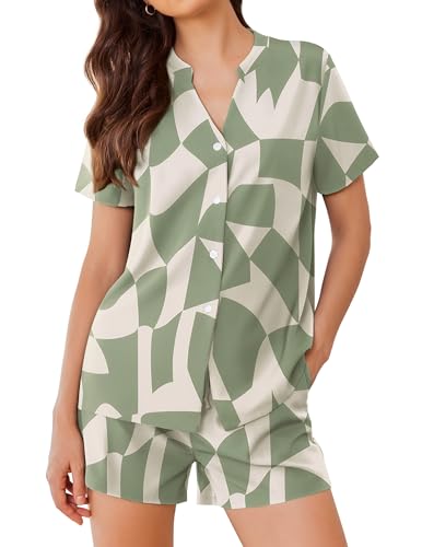 Ekouaer Pajamas Sets for Women Button Up Pajama Loose Pj Set Hawaiian Print Classic Plus Size Sleepwear Set,Geometry,Medium
