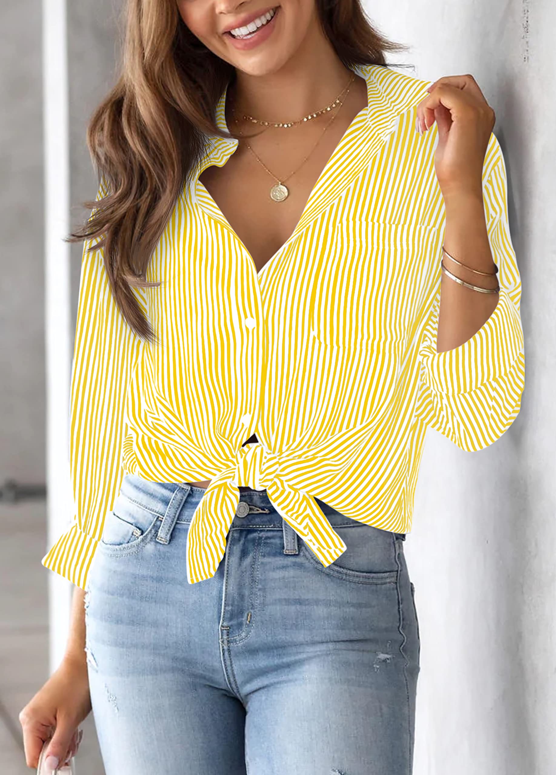 AISEW Womens Button Down Shirts Striped Classic Long Sleeve Collared Office Work Blouses Tops with Pocket (Yellow, 7002M)