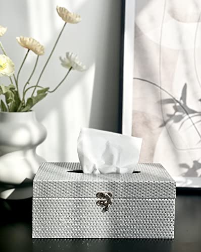 MODE HOME Rectangular Wooden Tissue Box Cover Silver Glitter Leather Tissue Box Holder with Metal Clasp for Living Room, Bathroom, Bedroom, Dryer Sheet Holder for Laundry Room Decor